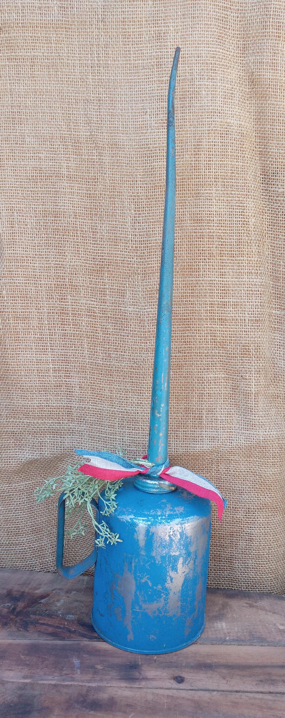 Vintage Blue Oil Can: Garage Decor With Patriotic Ribbon - Etsy