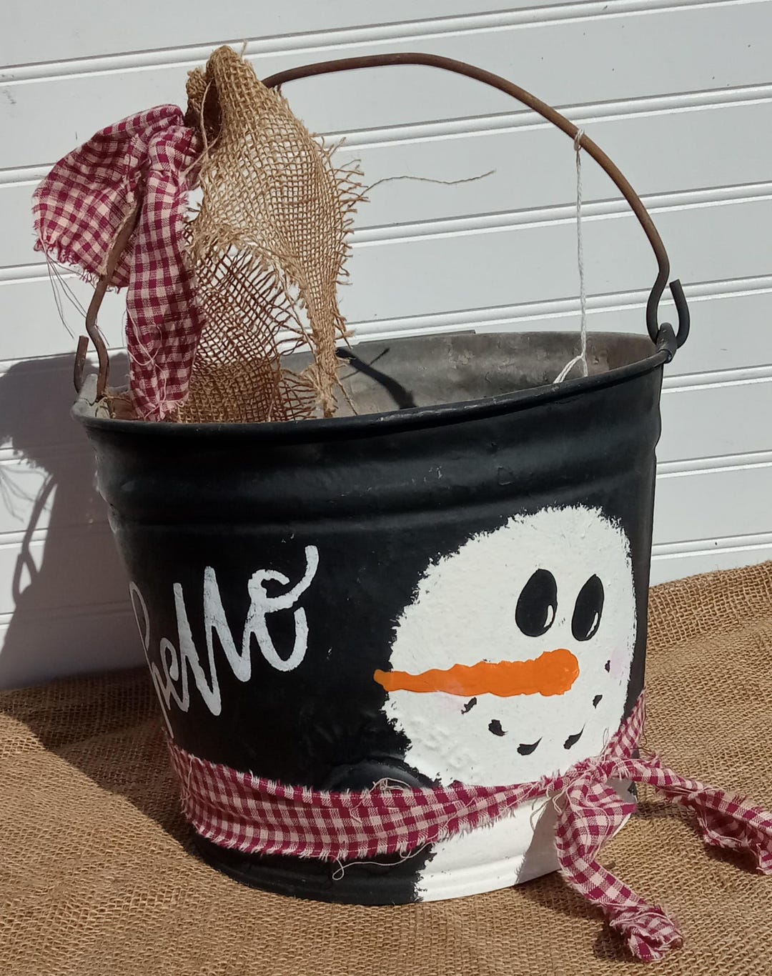 Snowman Bucket/ Vintage Bucket/ Winter Bucket/hello Bucket/ Snowman ...