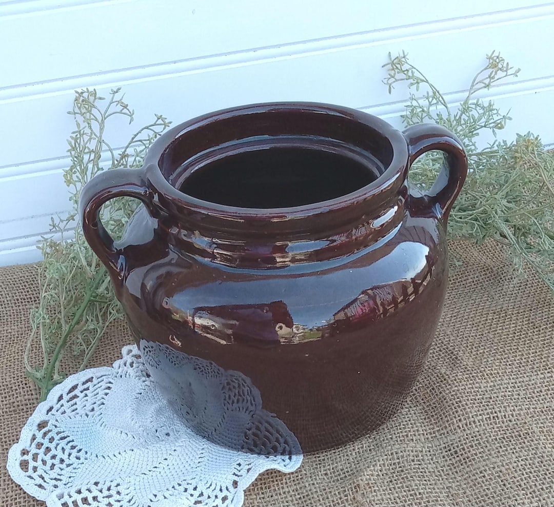 Primitive Bean Pot/ Rustic Stoneware/ Dark Brown Pot/ 2 Handle Brown ...