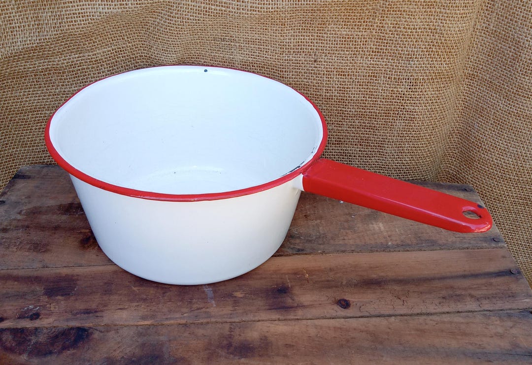 Vintage Enamelware White and Red Trim Pot/ Enamelware Pot/ White and ...