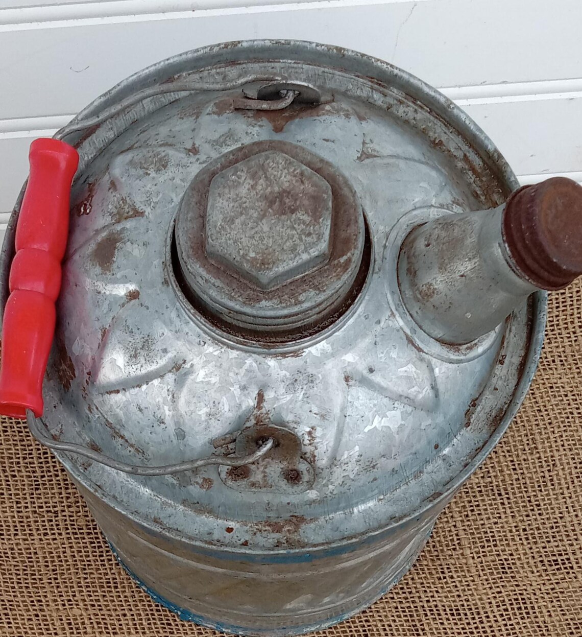 Vintage Gas Can/ Oil Can/ Vintage Can With Blue/ Oil Can/ Red Handle ...