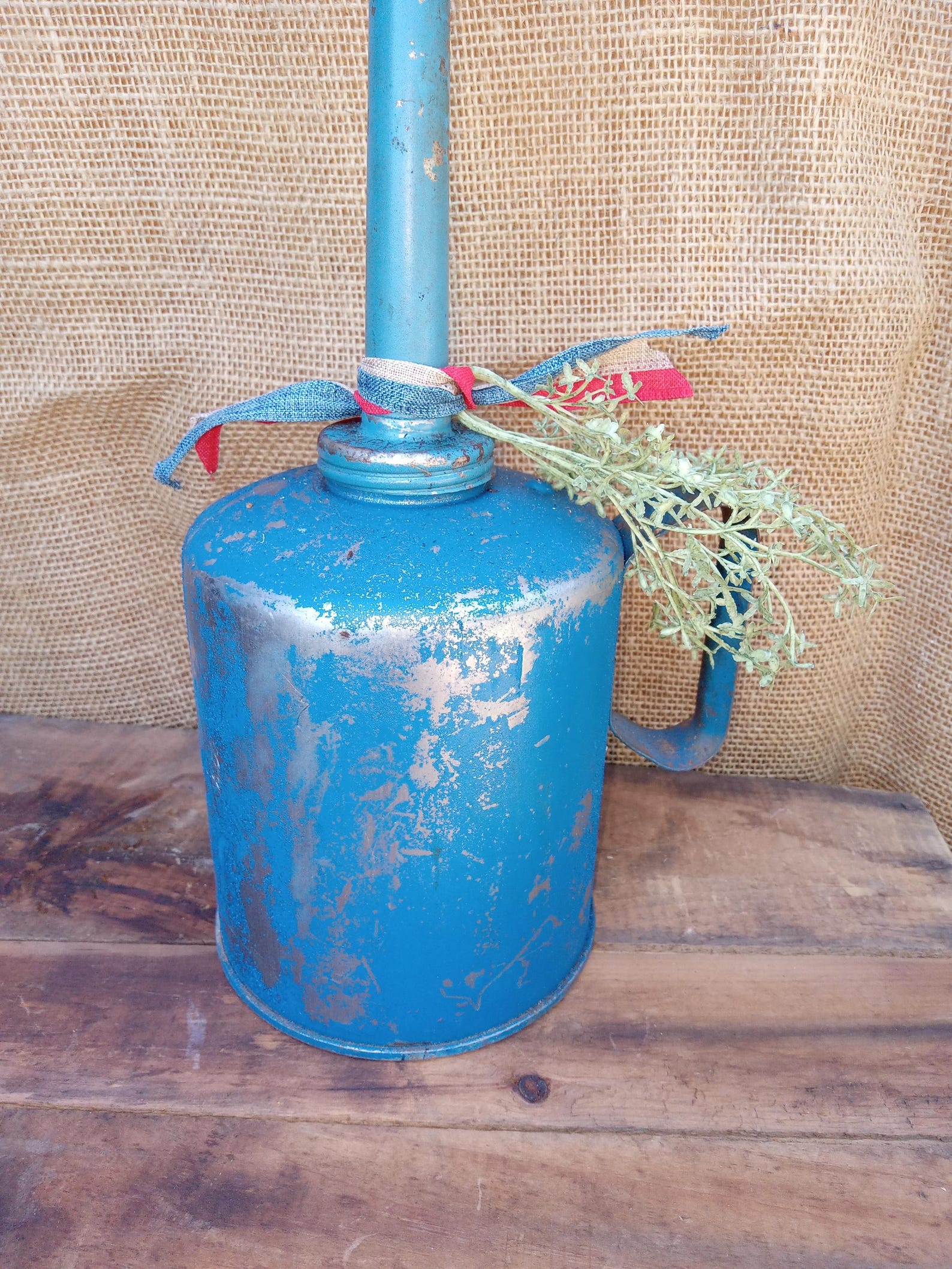 Vintage Blue Oil Can: Garage Decor With Patriotic Ribbon - Etsy