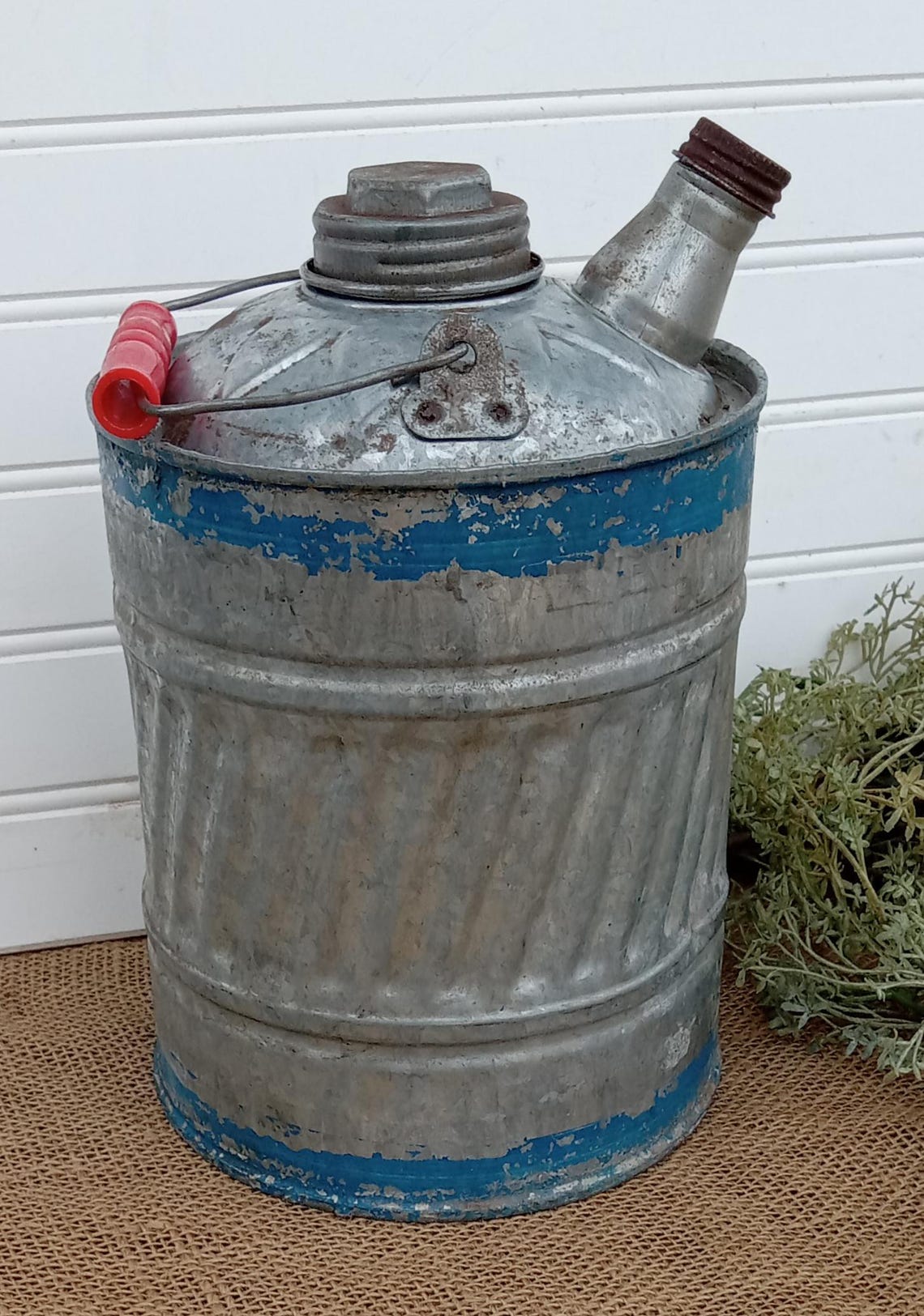 Vintage Gas Can/ Oil Can/ Vintage Can With Blue/ Oil Can/ Red Handle ...