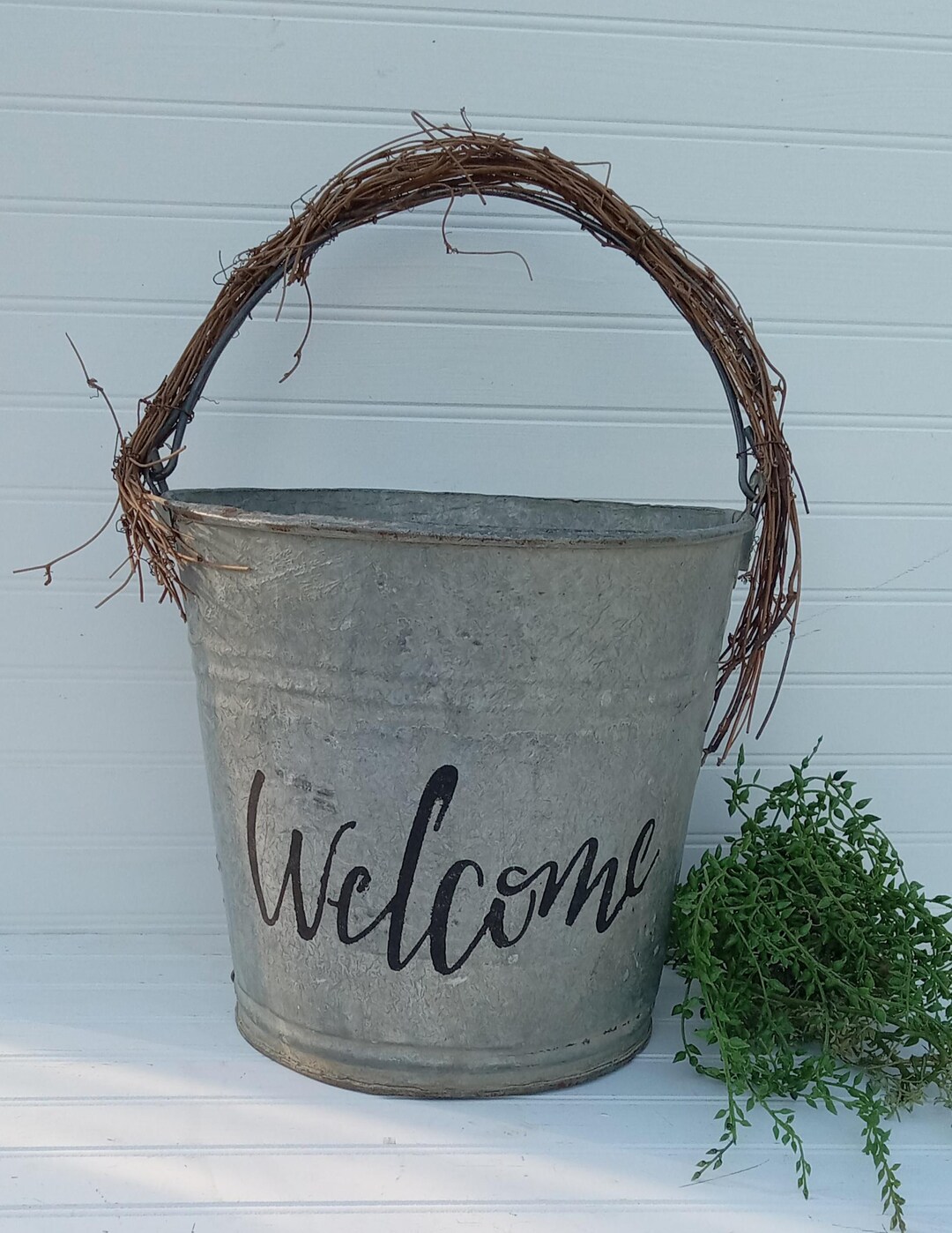 Welcome Galvanized Bucket With Grapevine Handle - Farmhouse Decor - Etsy