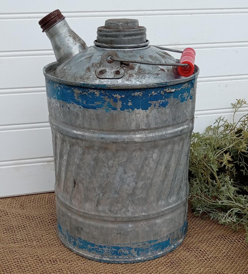 Vintage Gas Can/ Oil Can/ Vintage Can With Blue/ Oil Can/ Red Handle ...