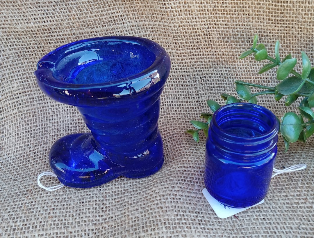 Blue Glass Boot and Jar: Vintage Home Decor - Etsy