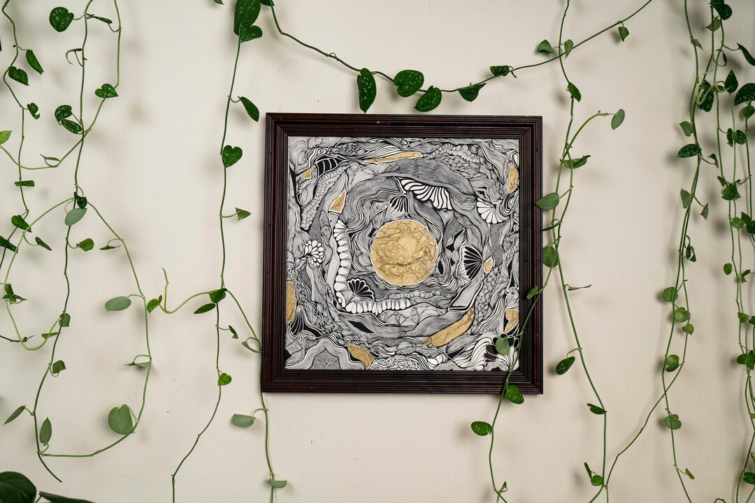 Golden | Mixed Media Abstract Line Art Collage | 16x16 - Etsy