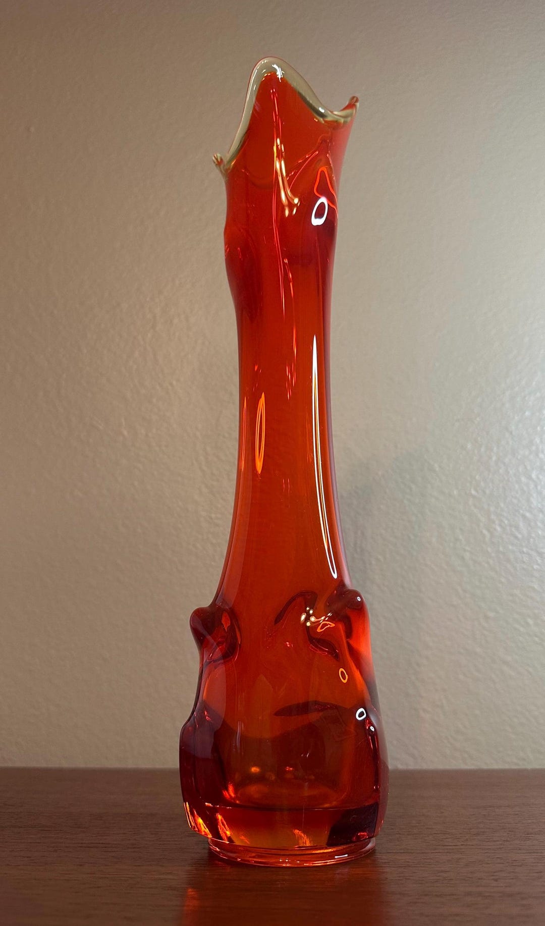 Vintage Viking Glass Tundra Swung Vase 16” Persimmon Amberina MCM Art ...