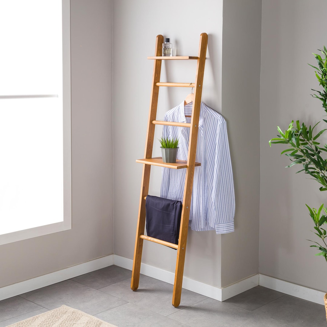 Clothes Ladder Wood Bedroom Decor Furniture, Small Space Tall Blanket ...
