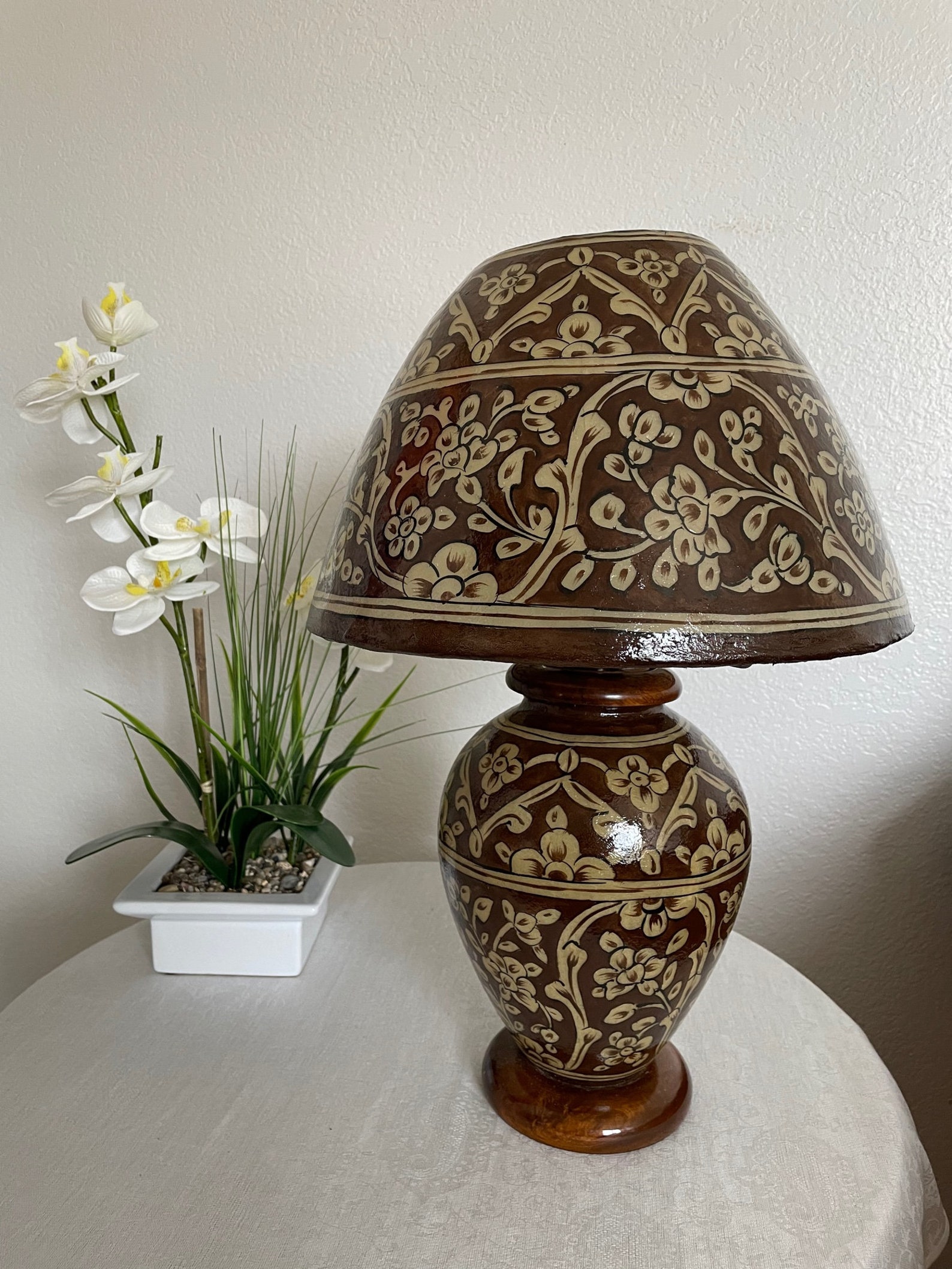 Handmade Camel Skin Table Lamp Vintage Brown Flower Design | Etsy