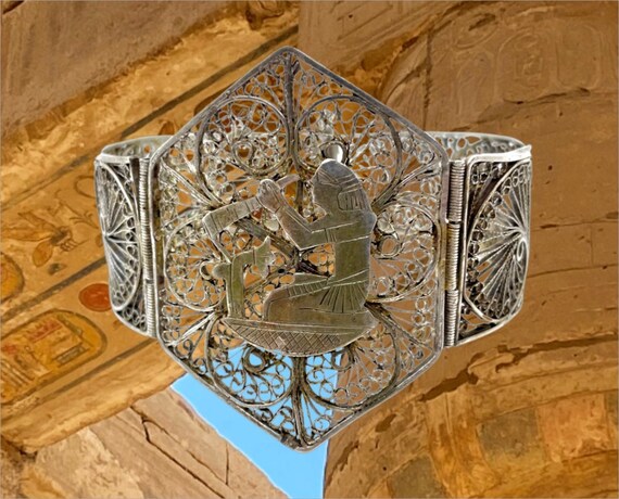 Antique Art Deco Egyptian Revival 800 Silver Filigree… - Gem