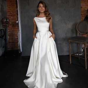 Classic Modest Satin Wedding Dress, Long Bridal Dress With Pockets ...