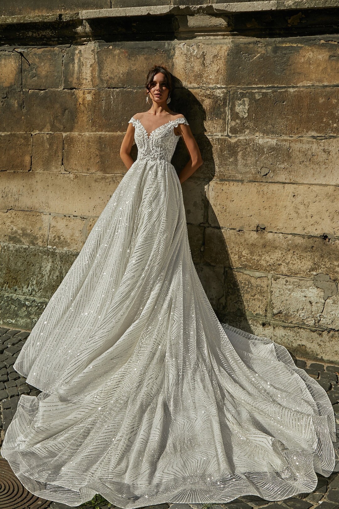 Gorgeous Glitter Wedding Dress With Train, Sparkling off Shoulder A ...