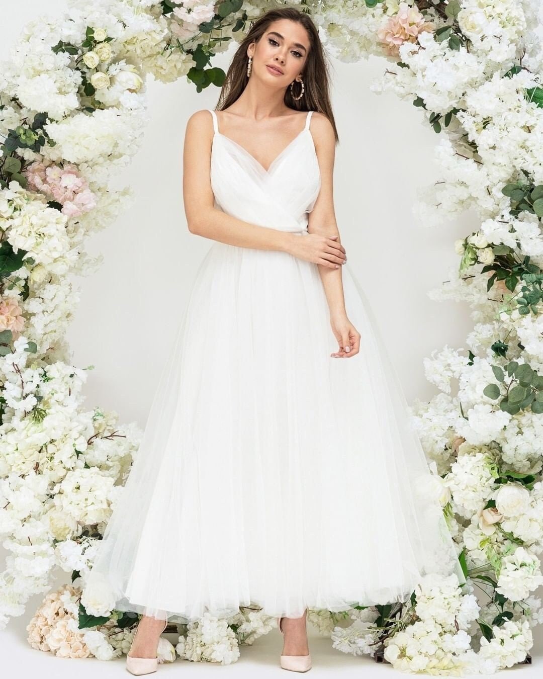 Summer Tulle Wedding Dress With Spaghetti Straps, Tea Length Wedding ...