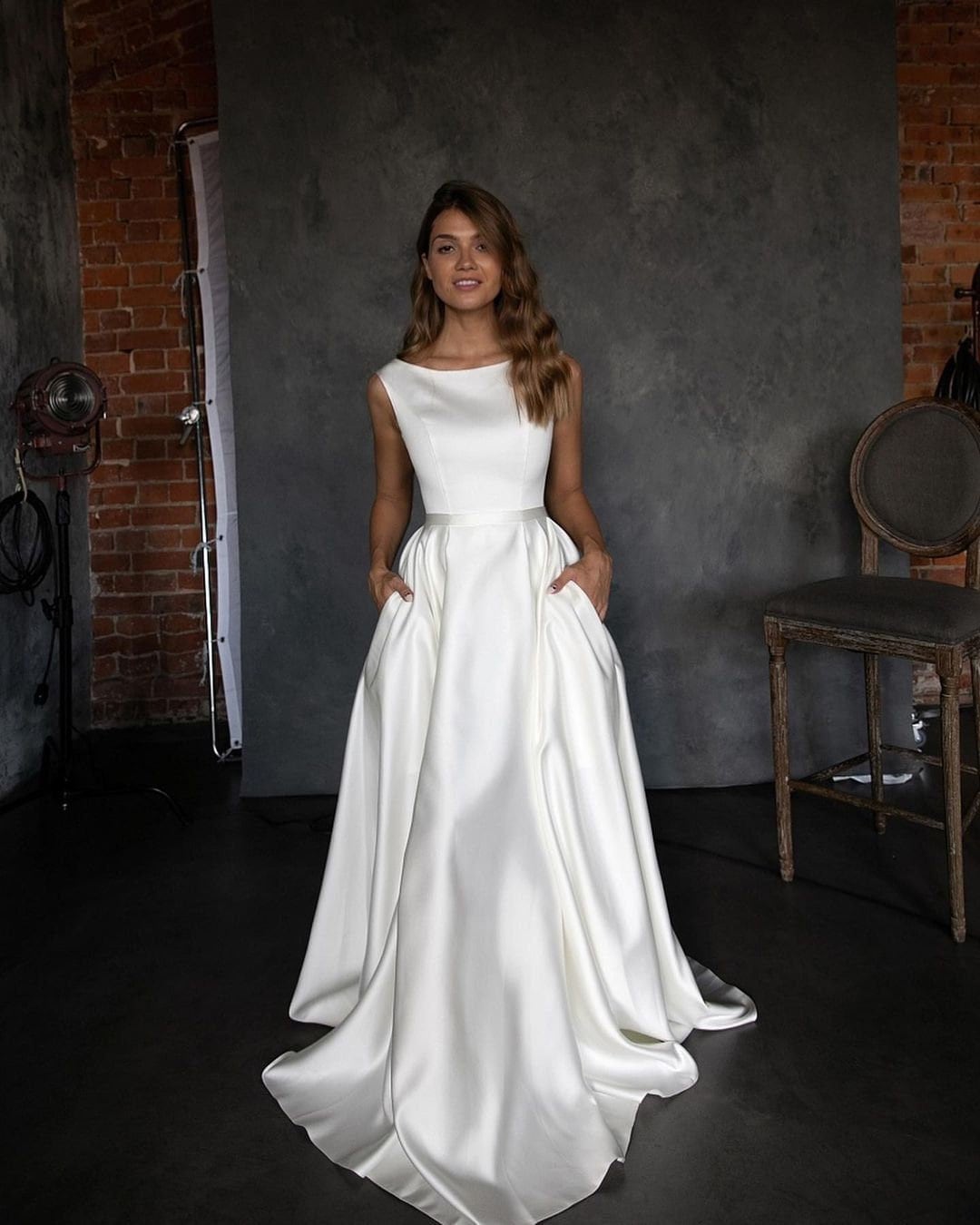 Classic Modest Satin Wedding Dress, Long Bridal Dress With Pockets ...