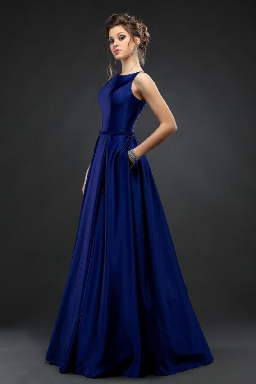 Long Modest Satin Special Occasion Evening Dress, Navy Blue Bridesmaid ...