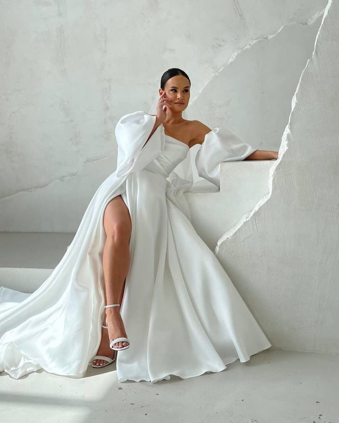 Gorgeous Satin Wedding Ceremony Bridal Dress, Party Gown With Split ...