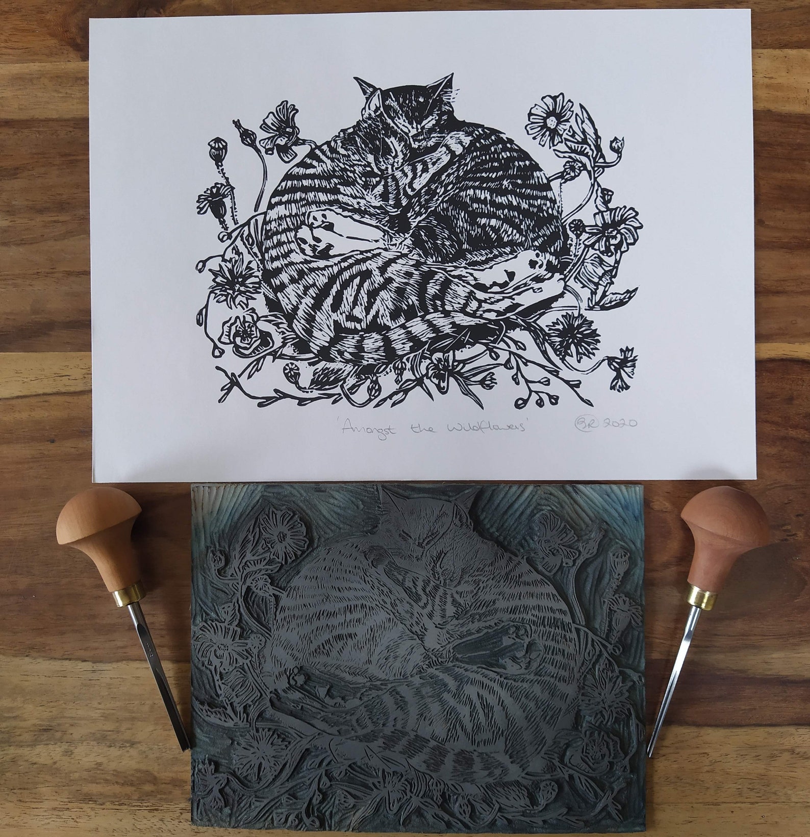 Original Cat Linocut Print. A4 Black and White. Cats Amongst - Etsy
