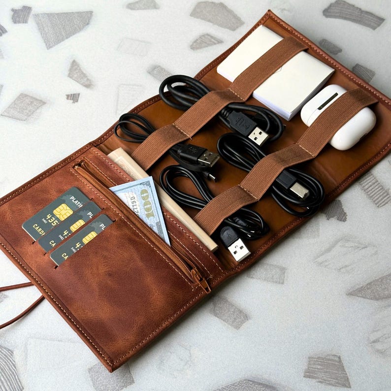 Leather Cable Organizer, Tech Organizer, Charger Holder, Cable Bag ...
