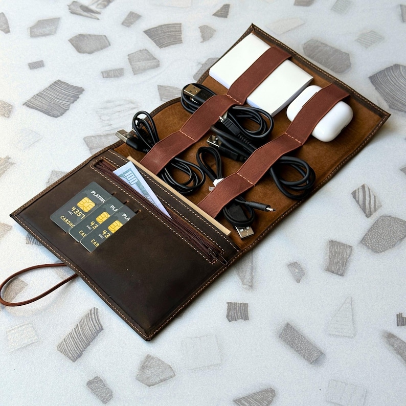 Leather Cable Organizer, Tech Organizer, Charger Holder, Cable Bag ...