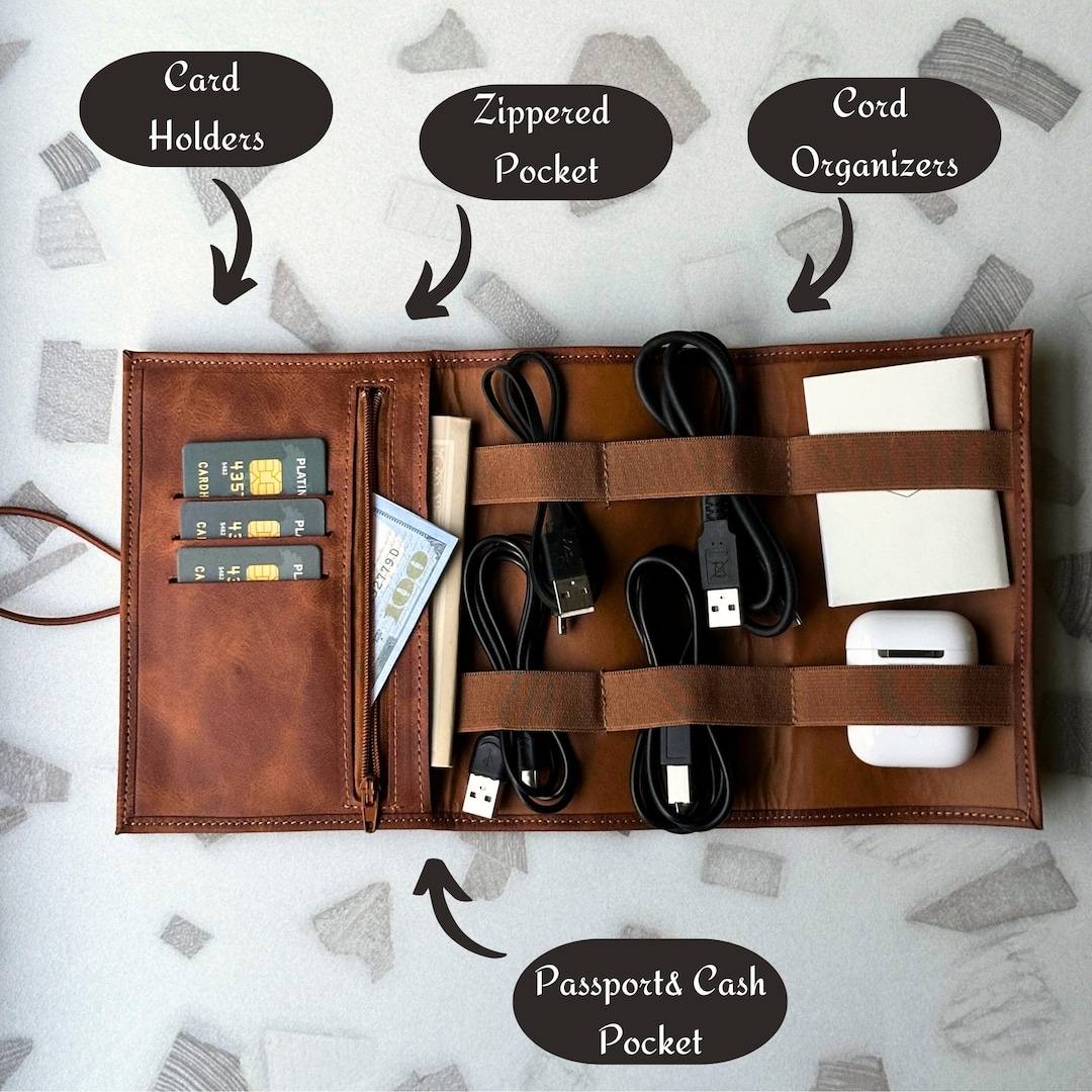 Leather Cable Organizer, Tech Organizer, Charger Holder, Cable Bag ...