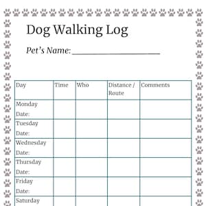 Printable Dog Walking Log, Dog Walking Tracker, Pet Log, Dog Training ...