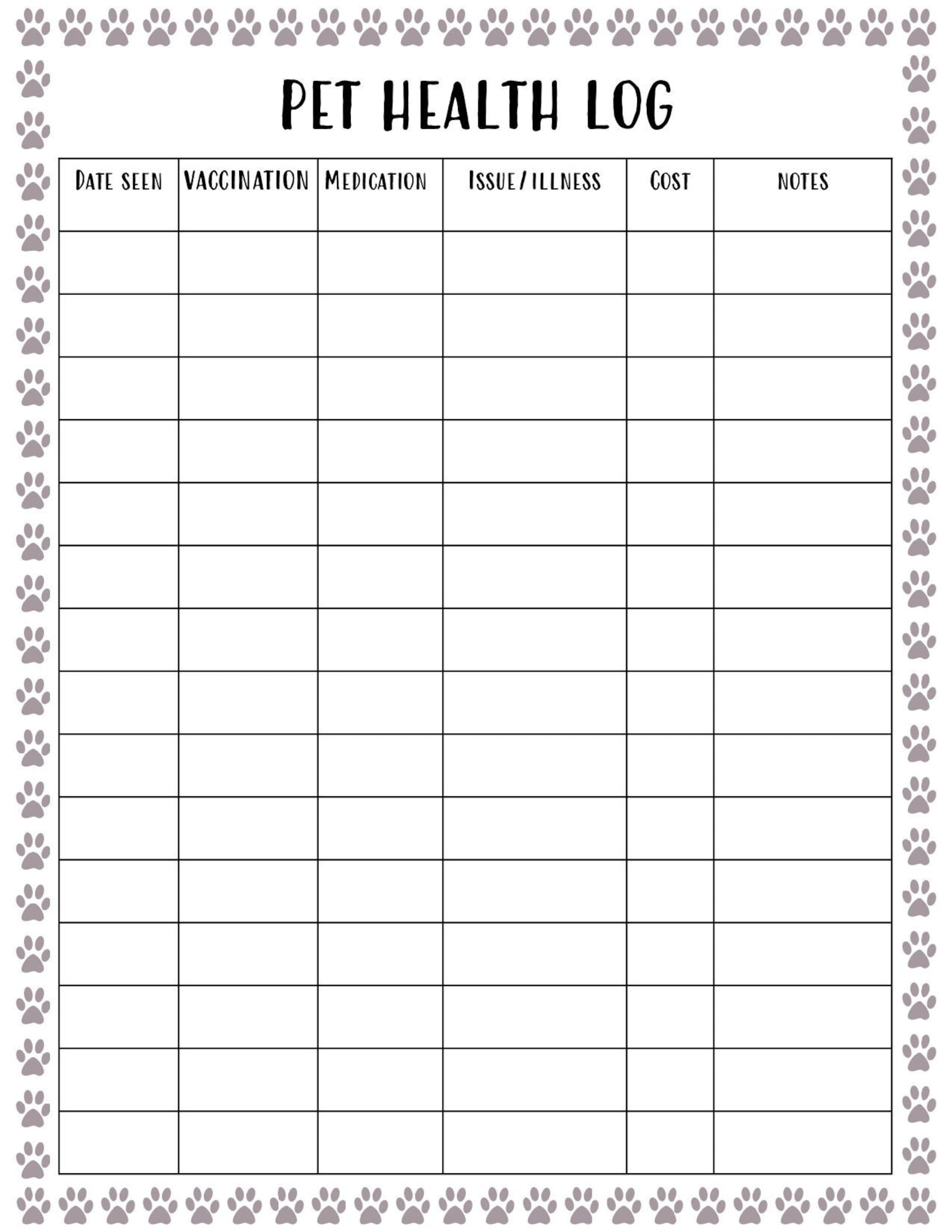 Pet Health Log, Printable Dog Health Log, Pet Health Tracker, Pet Log ...