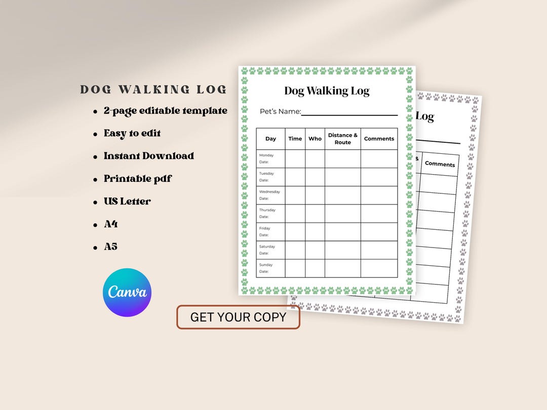 Printable Dog Walking Log: Pet Exercise Tracker (digital Download ...