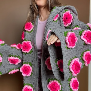 Crochet Jumbo Rose Cardigan With Hoodie, Handmade Cherry Blossom Warm ...