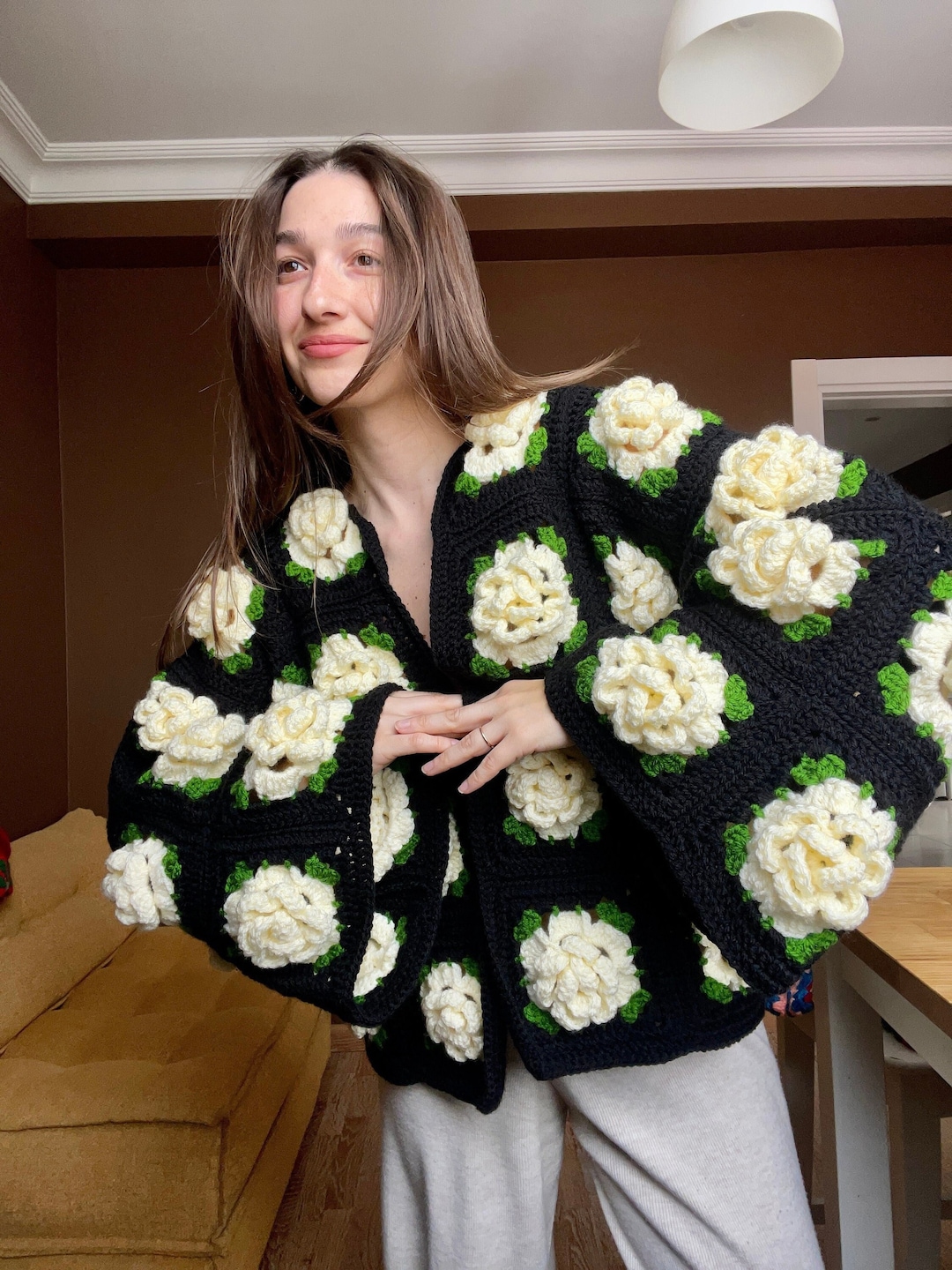 Crochet Jumbo Rose Cardigan, Black and Cream Rose Cardigan, Crochet ...