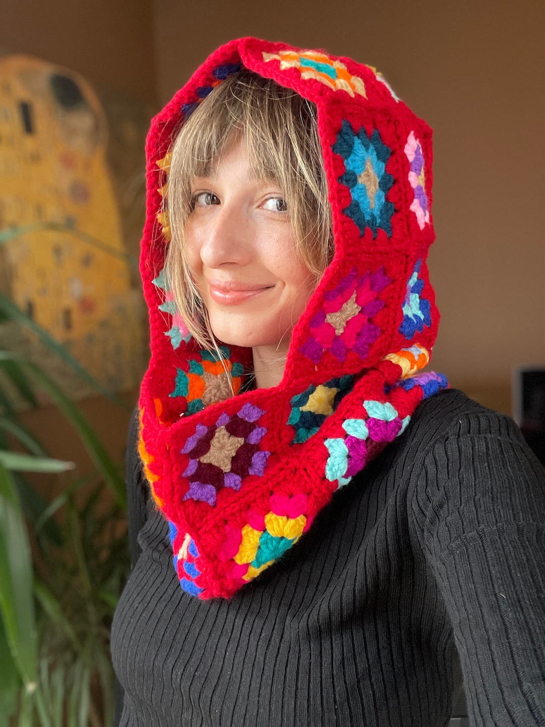 Crochet Balaclava, Granny Square Balaclava, Red Crochet Hoodie, Red ...