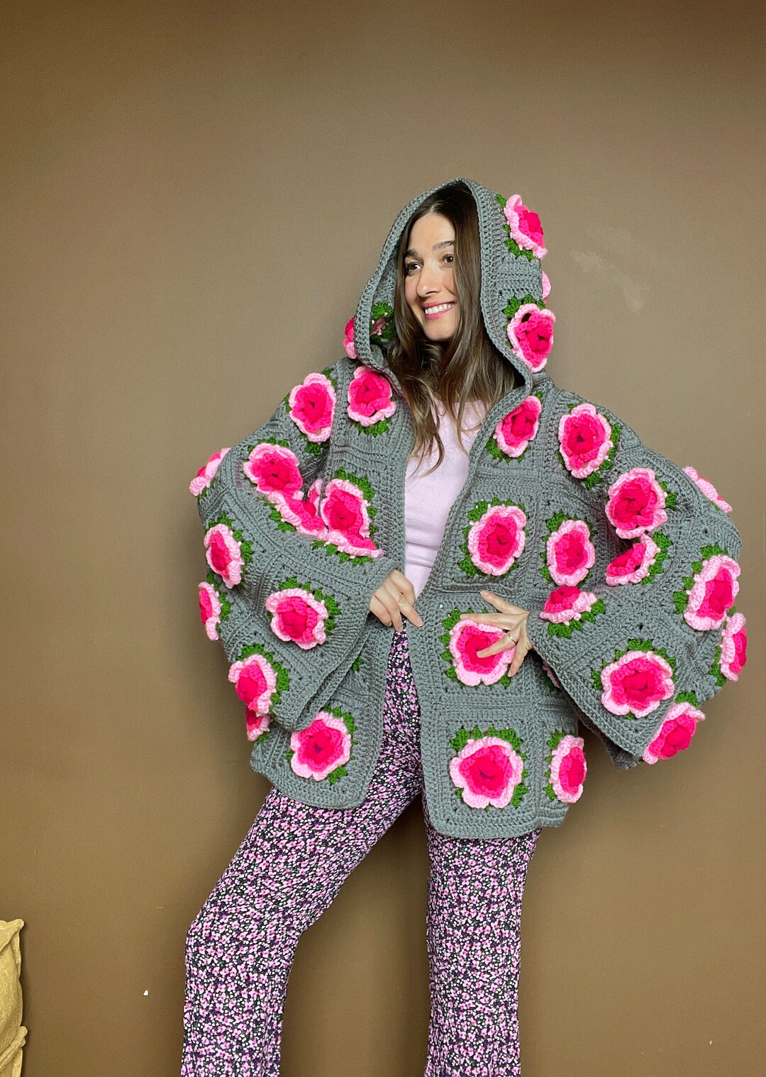 Crochet Jumbo Rose Cardigan With Hoodie, Handmade Cherry Blossom Warm ...