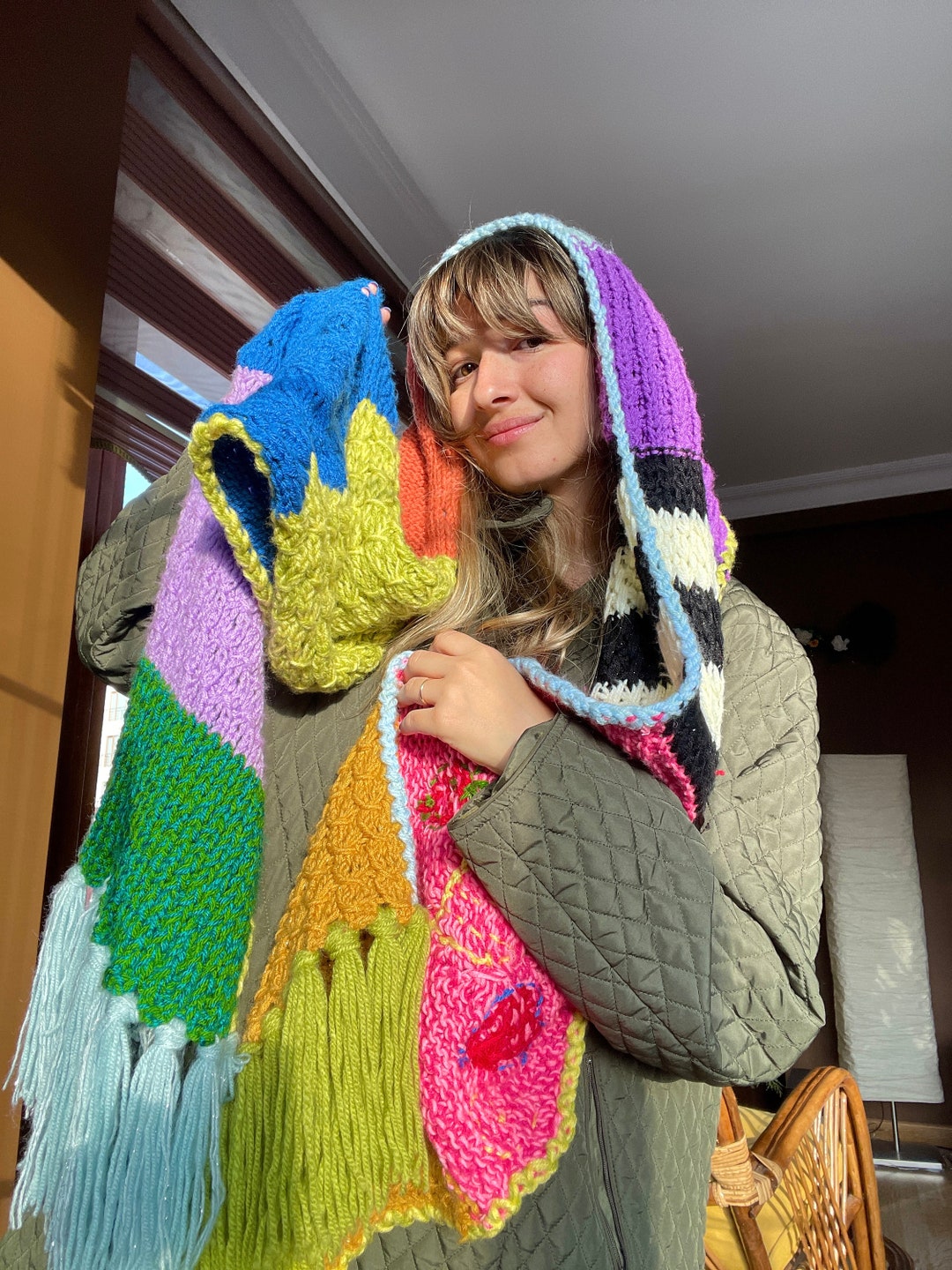 Hand-knit Colorful Crochet Scarf, Hippie Bhava Style - Etsy