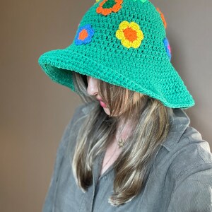 Crochet Daisy Hat, Handmade Sun Protection Hat, Green Cotton Crochet ...