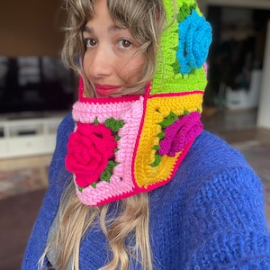 Crochet Colorful Rose Design Balaclava, Colorful Floral Balaclava ...
