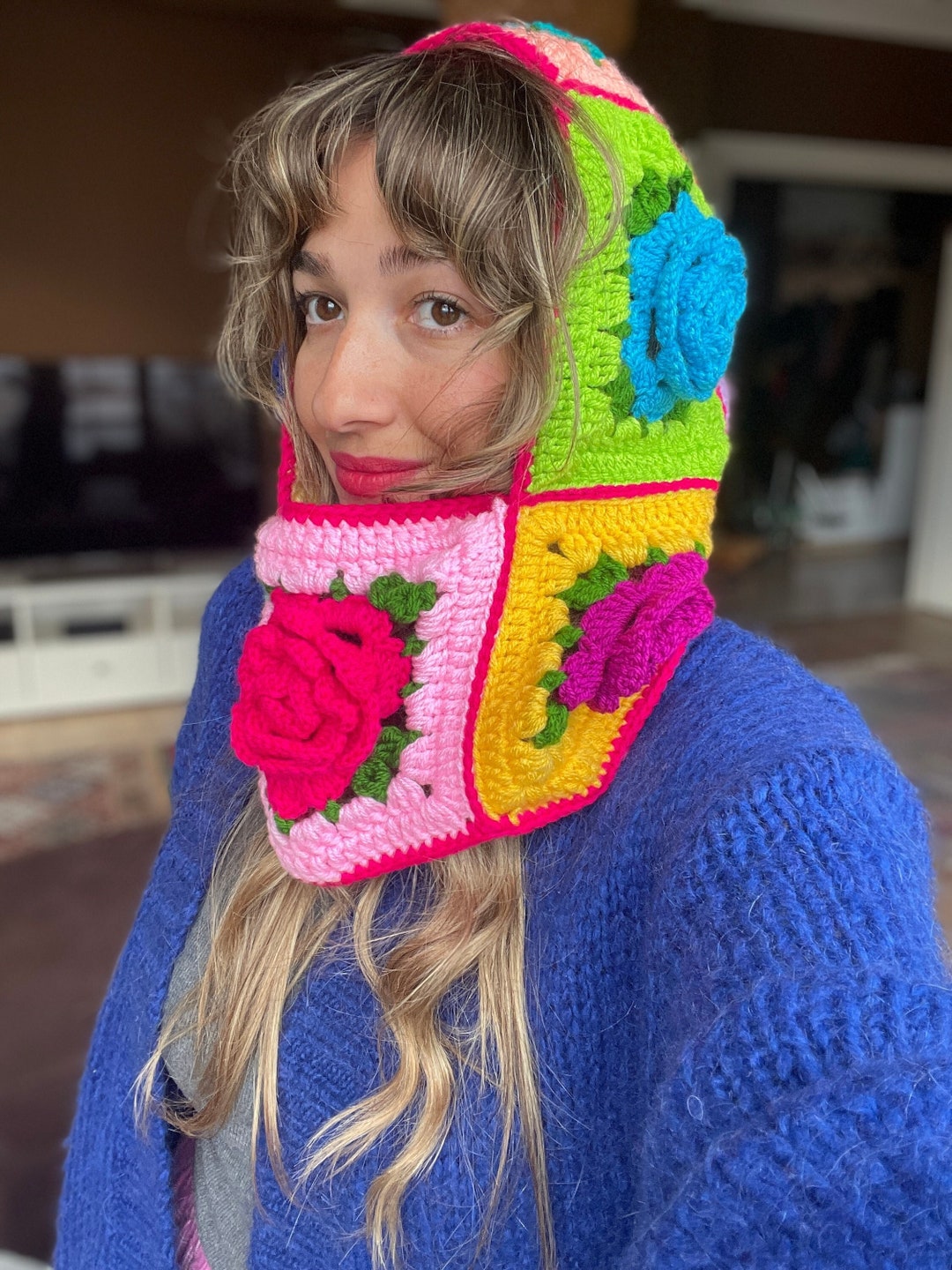 Crochet Colorful Rose Balaclava, Multi Colored Balaclava, Valentines ...