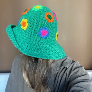 Crochet Daisy Hat, Handmade Sun Protection Hat, Green Cotton Crochet ...