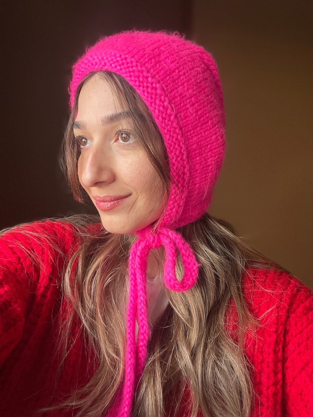 Crochet Bonnet, Hand Knit Bonnet,neon Pink Bonnet, Handmade Bonnet ...