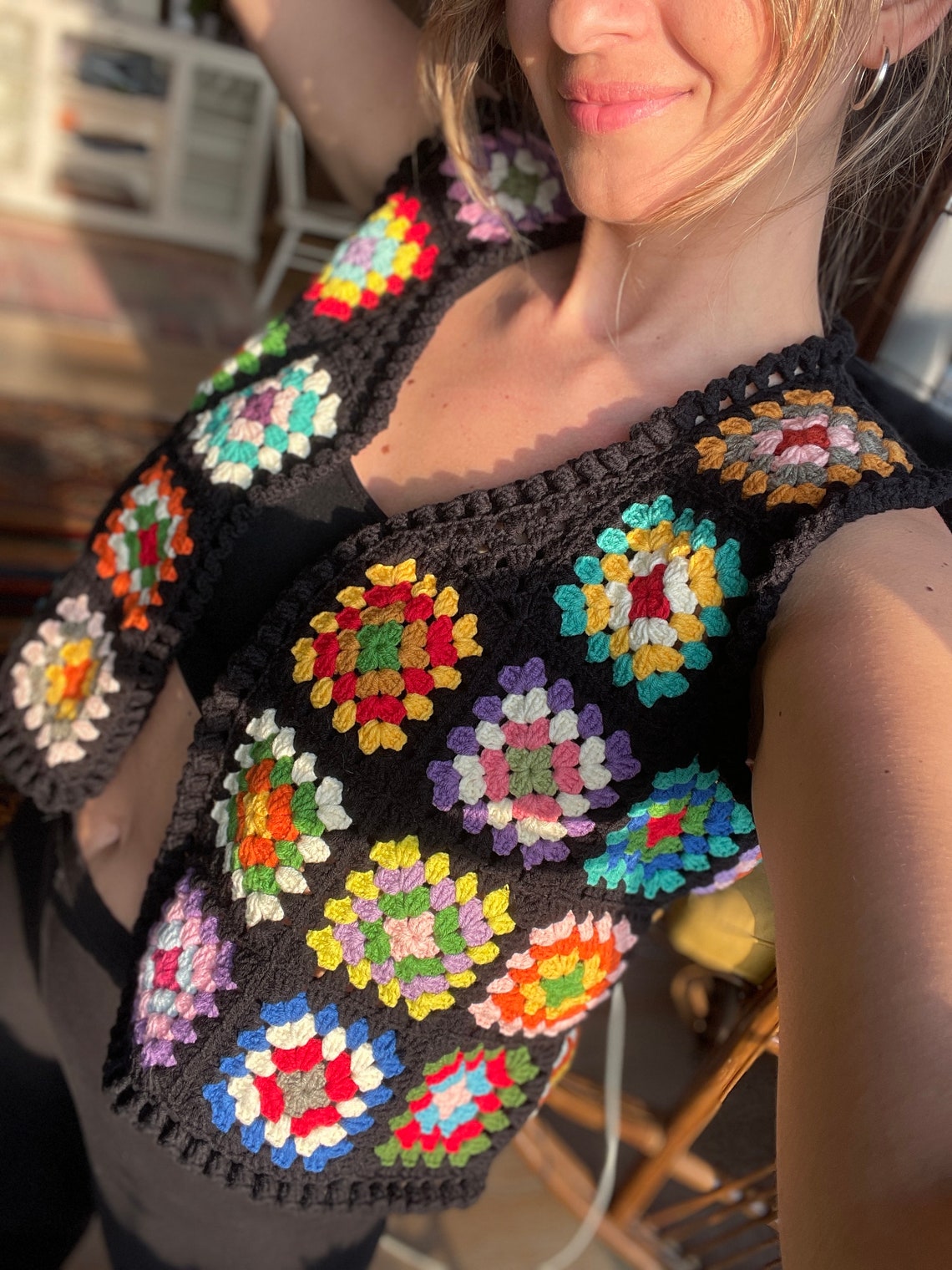 Crochet Black Vest Granny Square Sweater Vest Handmade Vest - Etsy