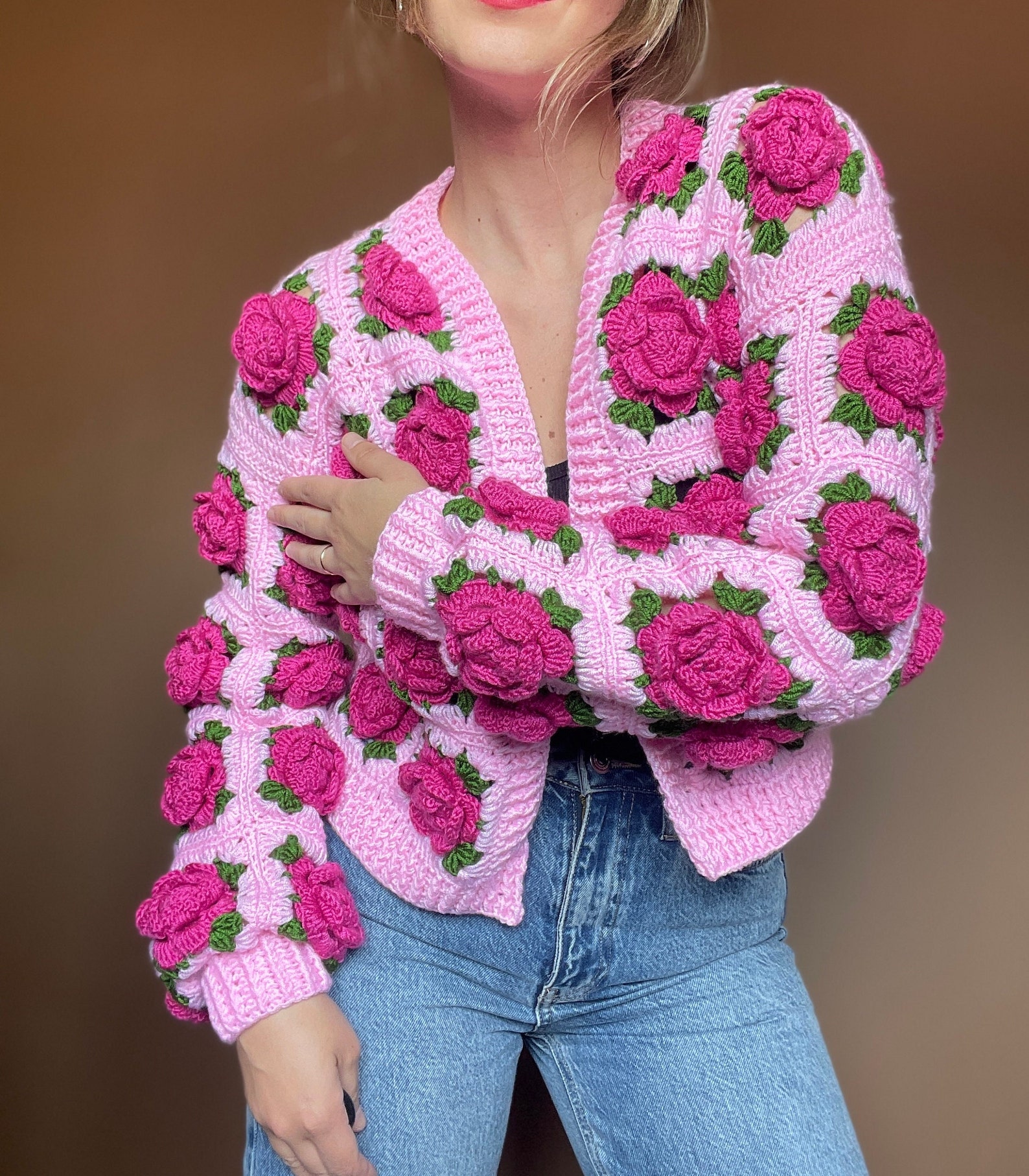 Crochet Jumbo Rose Cardigan, Pink Granny Square Cardigan, Crochet Rose ...