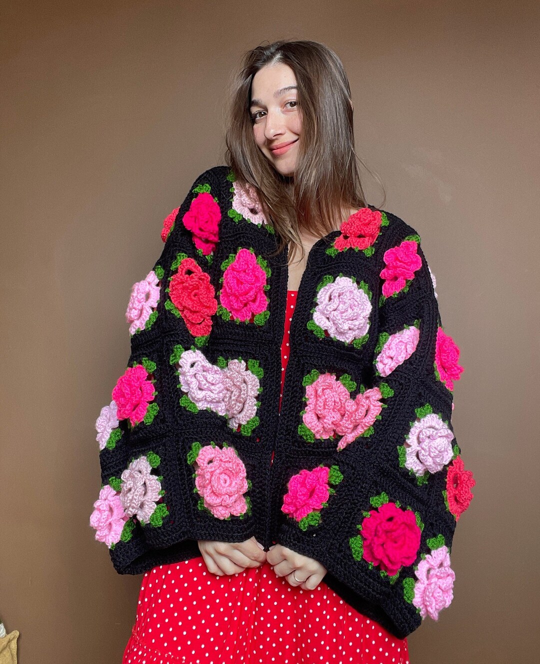 Crochet Jumbo Rose Cardigan, Colorful Granny Square Cardigan, Crochet ...