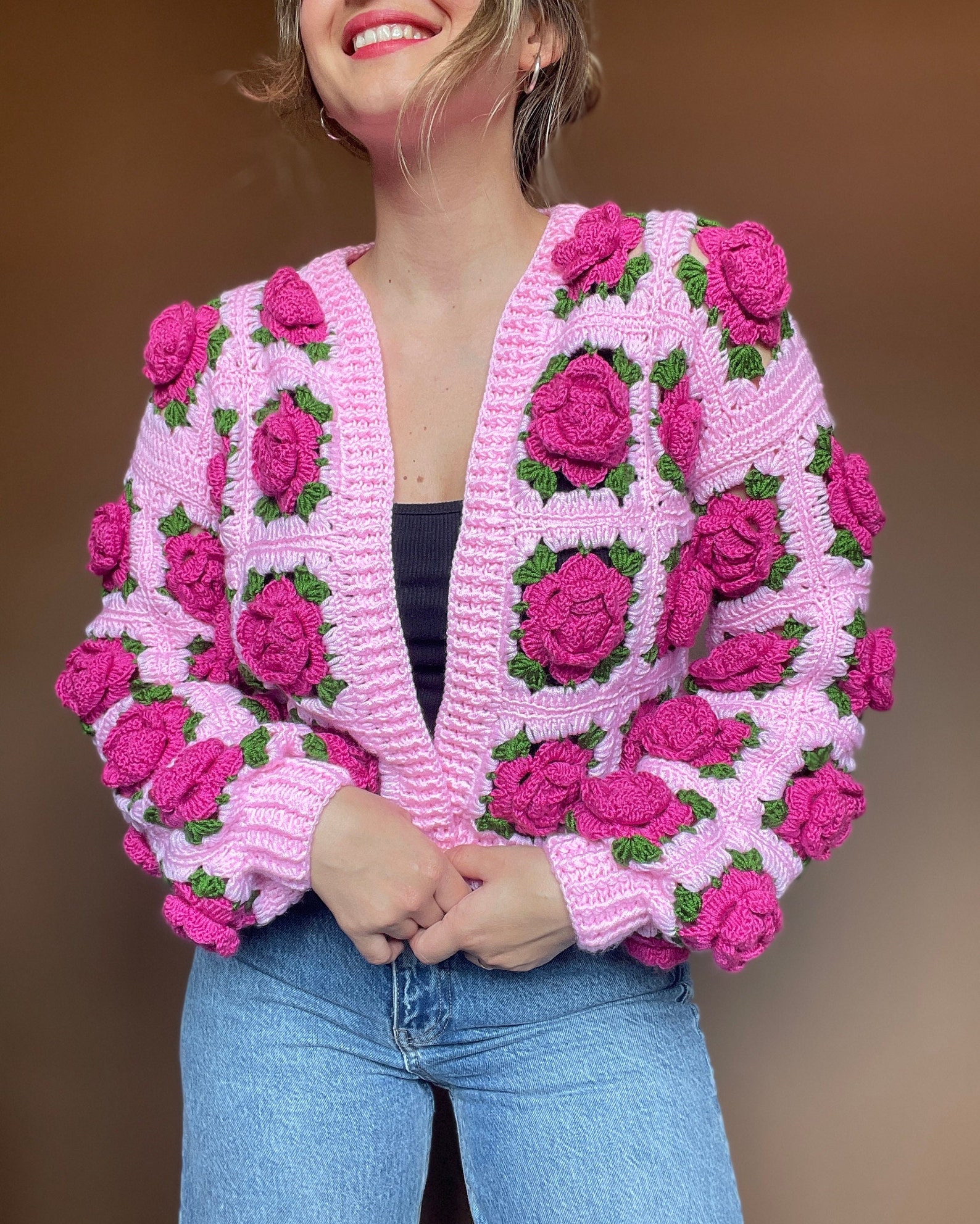 Crochet Jumbo Rose Cardigan, Pink Granny Square Cardigan, Crochet Rose ...