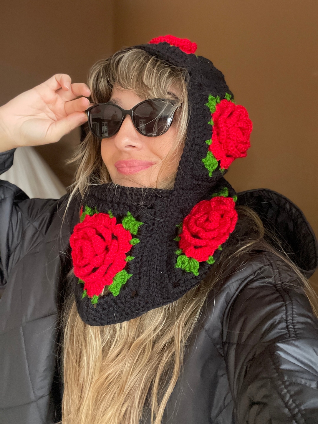 Crochet Rose Balaclava, Black Balaclava, Floral Unisex Balaclava, Hand ...