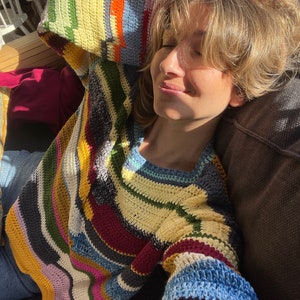 Crochet Colorful Sweater, Striped Patchwork Sweater, Big Sleeves Warm ...