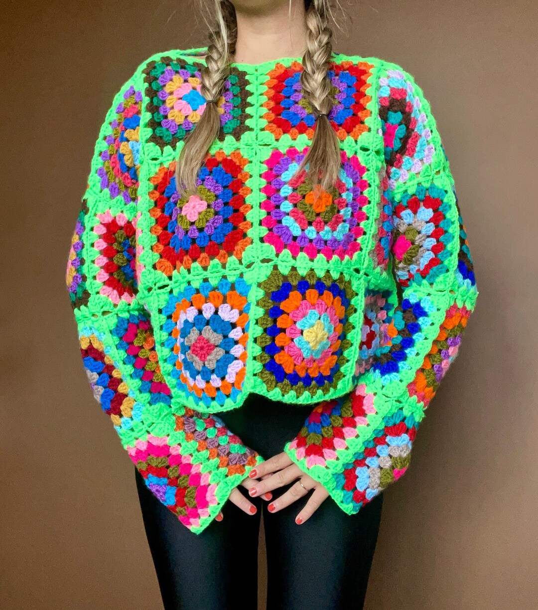 Crochet Colorful Granny Square Sweater, Oversized Hand-knit Sweater ...