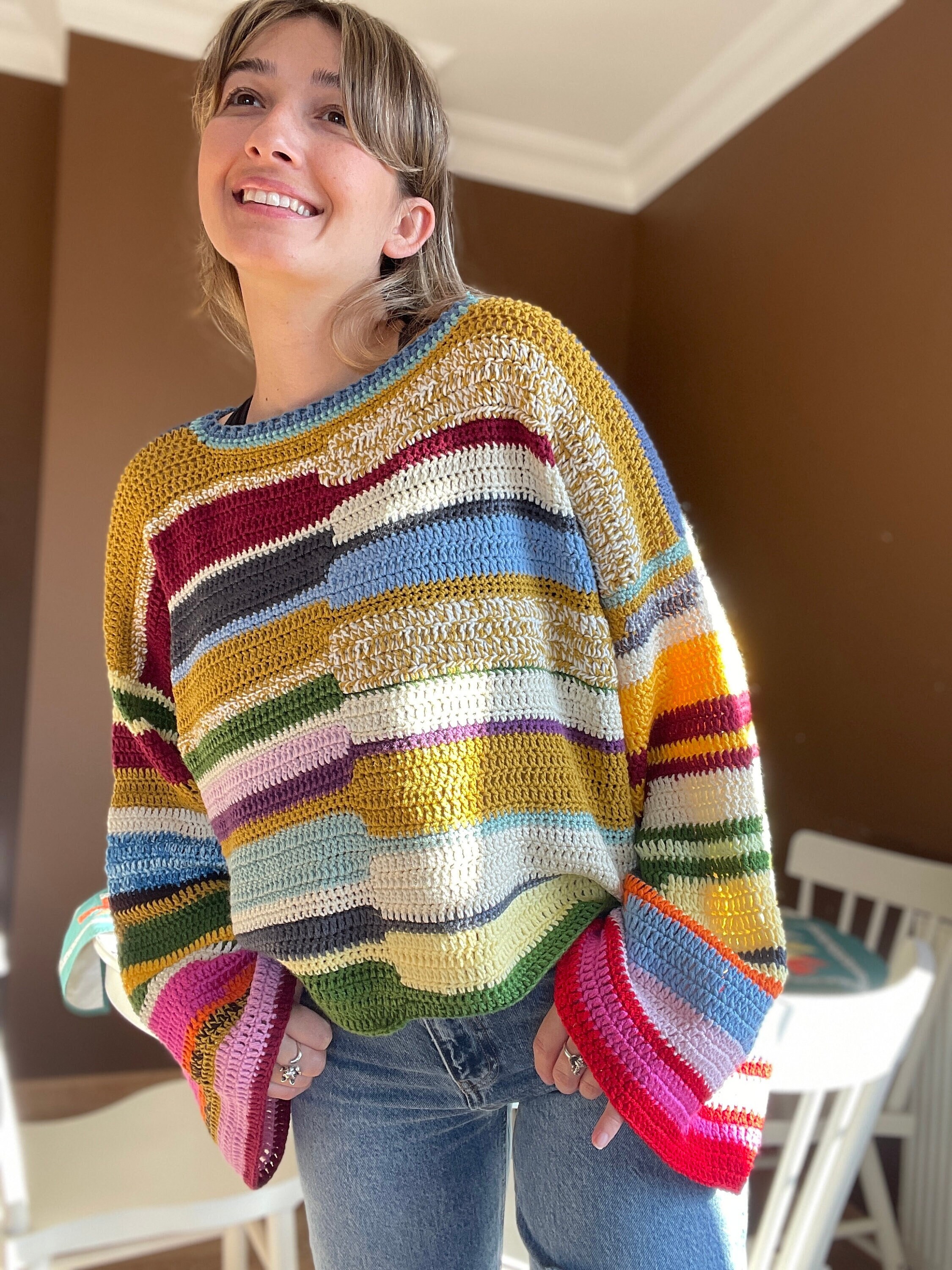 Handmade Crochet Patchwork Sweater: Colorful Striped Cotton Knit - Etsy