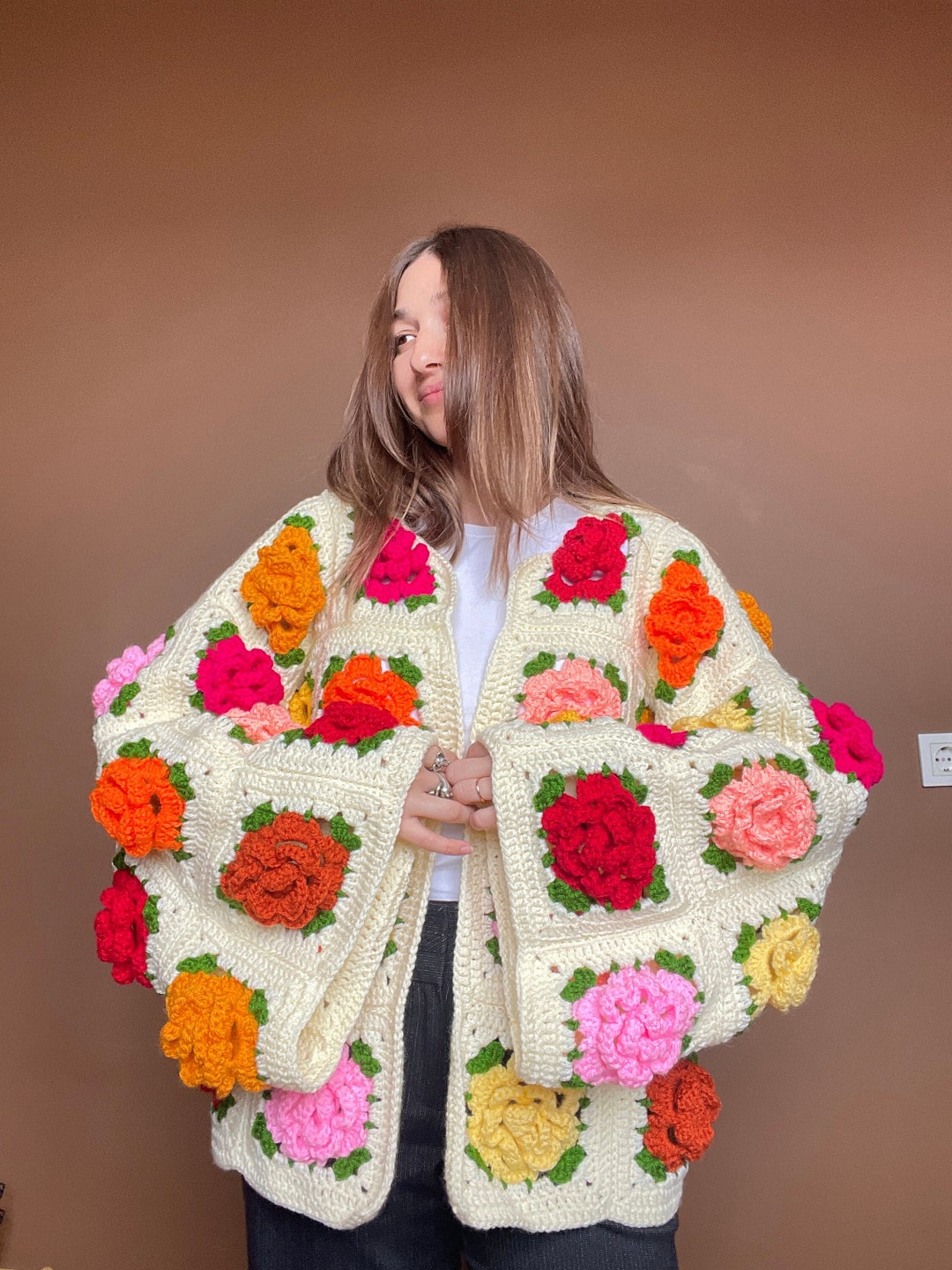 Crochet Jumbo Rose Cardigan, Colorful Granny Square Cardigan, Crochet ...
