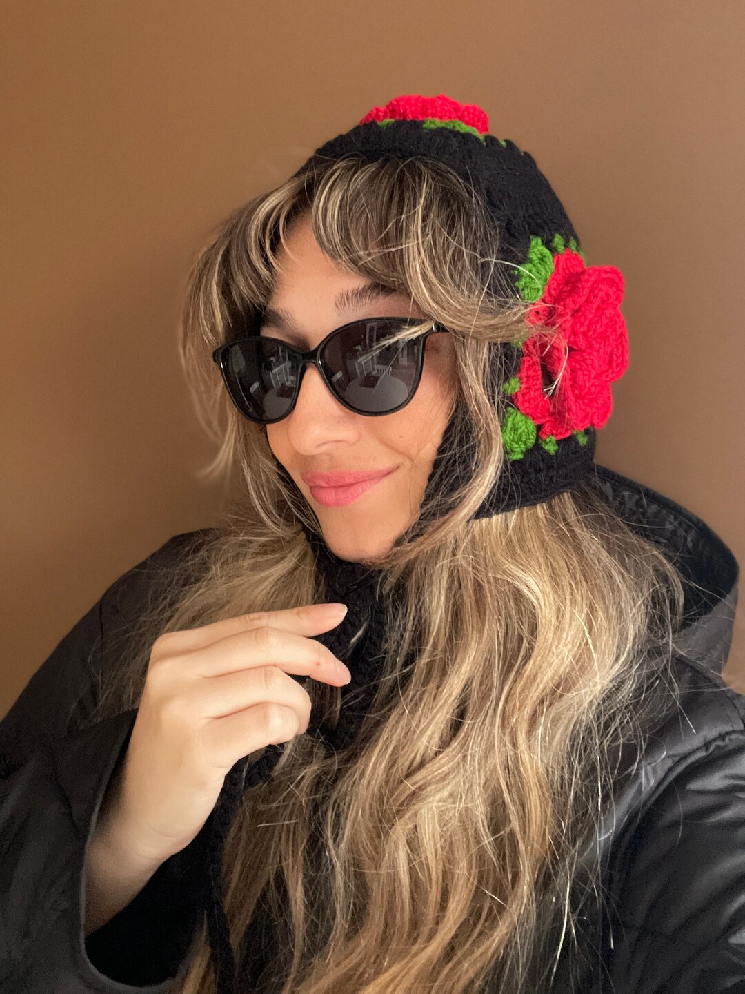 Crochet Rose Bonnet, Black Women Hat, Hand Knit Rose Balaclava, Bhava's ...