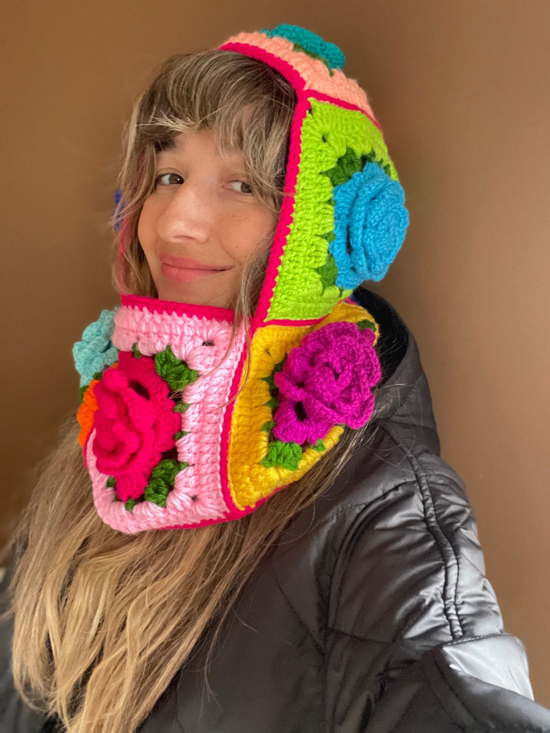 Crochet Colorful Rose Design Balaclava, Colorful Floral Balaclava ...