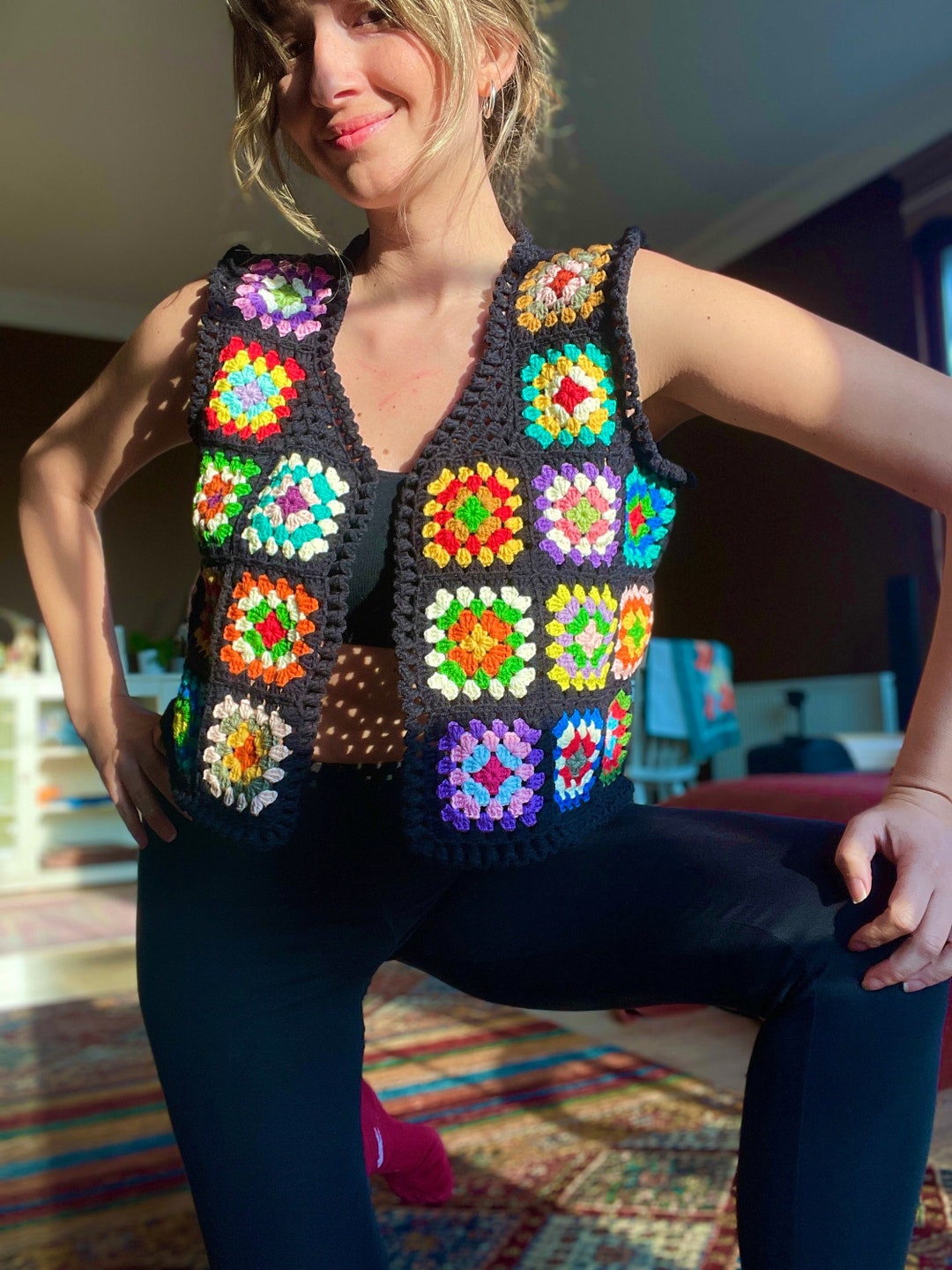 Crochet Black Vest, Granny Square Sweater Vest, Handmade Vest, Boheme ...